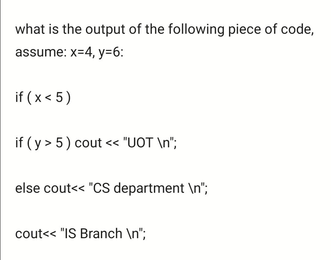 Solved what is the output of the following piece of code, | Chegg.com
