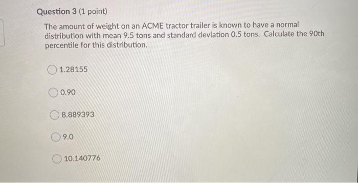 Solved Question 3 (1 point) The amount of weight on an ACME | Chegg.com