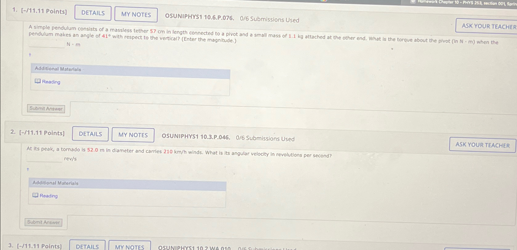 Solved [-/11.11 ﻿Points]Homework Chapter 10 - ﻿PHYS 253, | Chegg.com