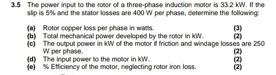 Solved 3.5 The power input to the rotor of a three-phase | Chegg.com