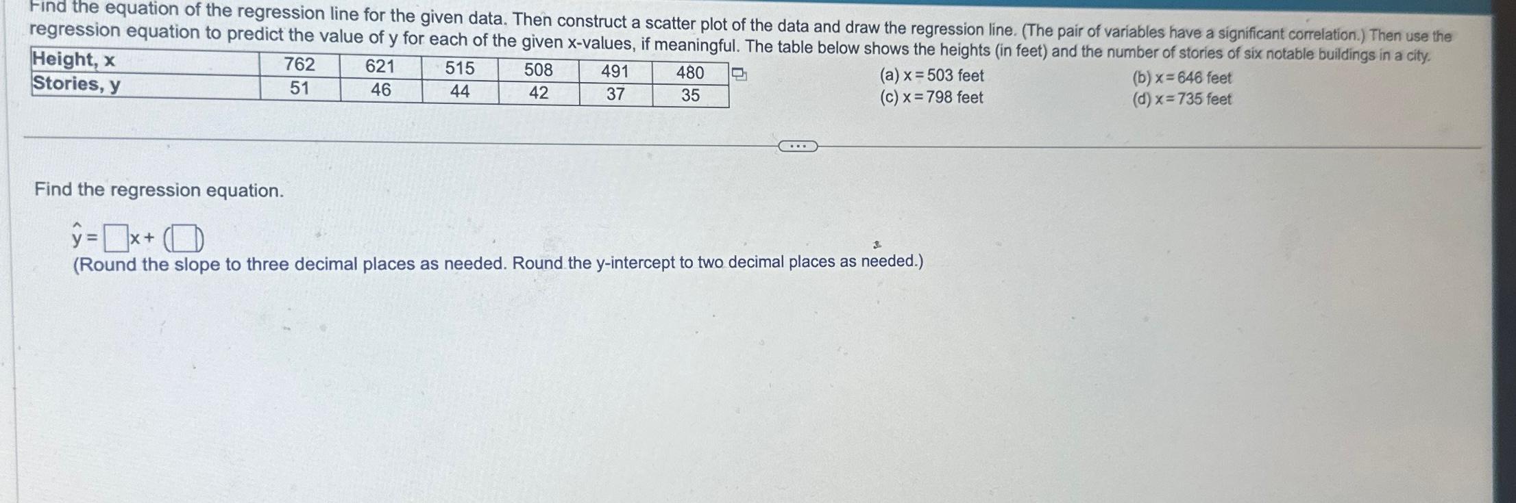 Solved Find the equation of the regression line for the | Chegg.com