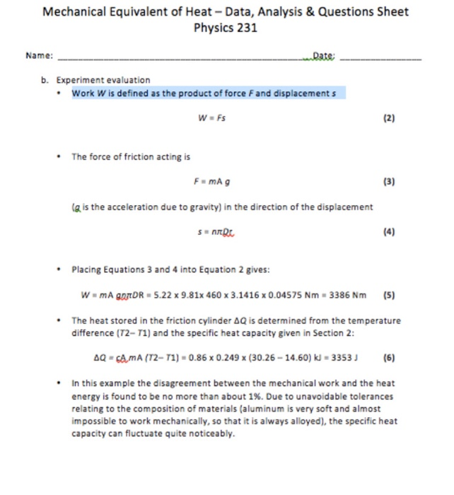 Mechanical Equivalent of Heat - Data, Analysis & | Chegg.com
