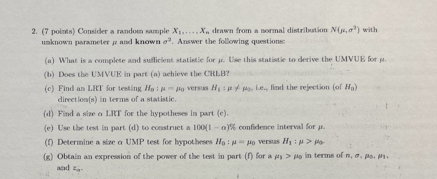 Solved (7 ﻿points) ﻿Consider a random sample x1,dots,xn | Chegg.com