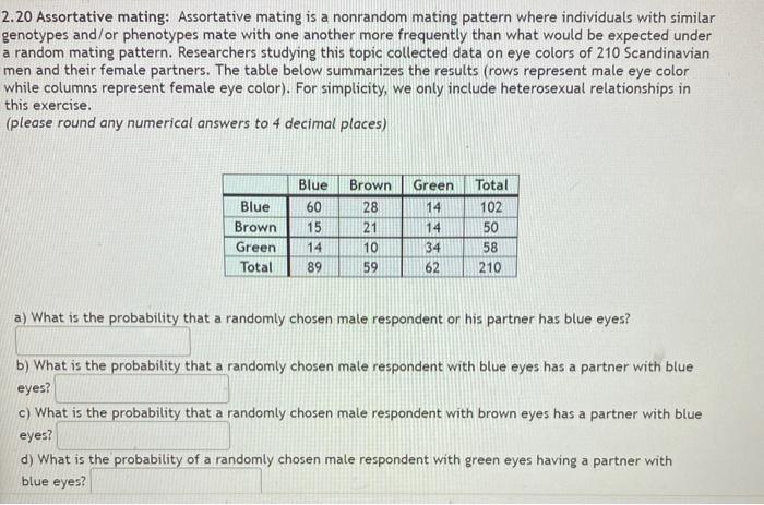 Solved 2.20 Assortative mating: Assortative mating is a | Chegg.com