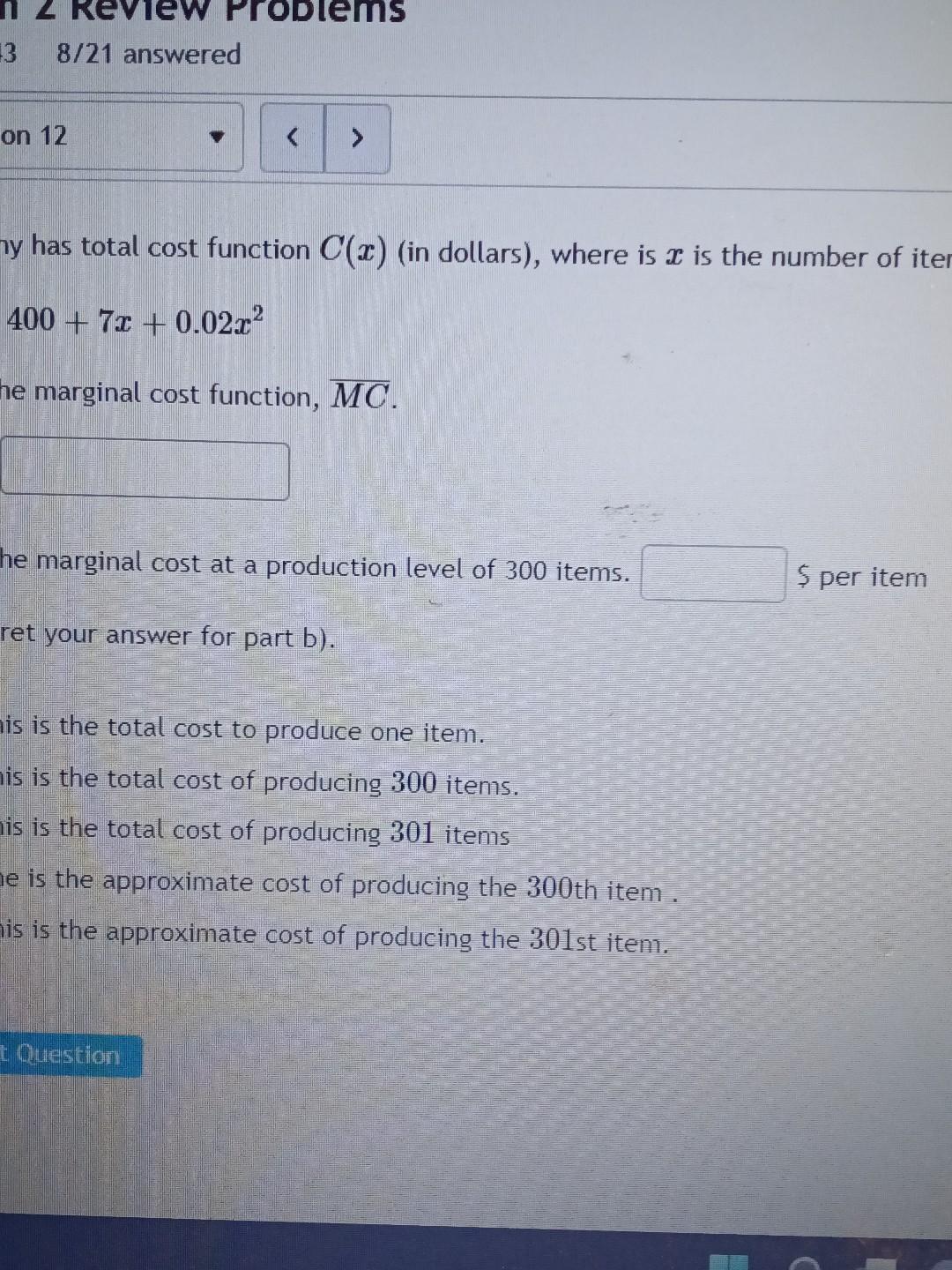 Solved 38/21 answered y has total cost function C(x) (in | Chegg.com