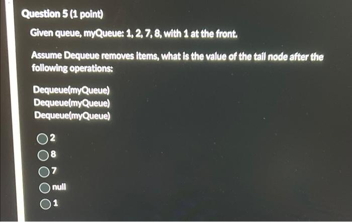 Solved Question 5 ( 1 point) Given queue, my queue 1,2,7,8, | Chegg.com