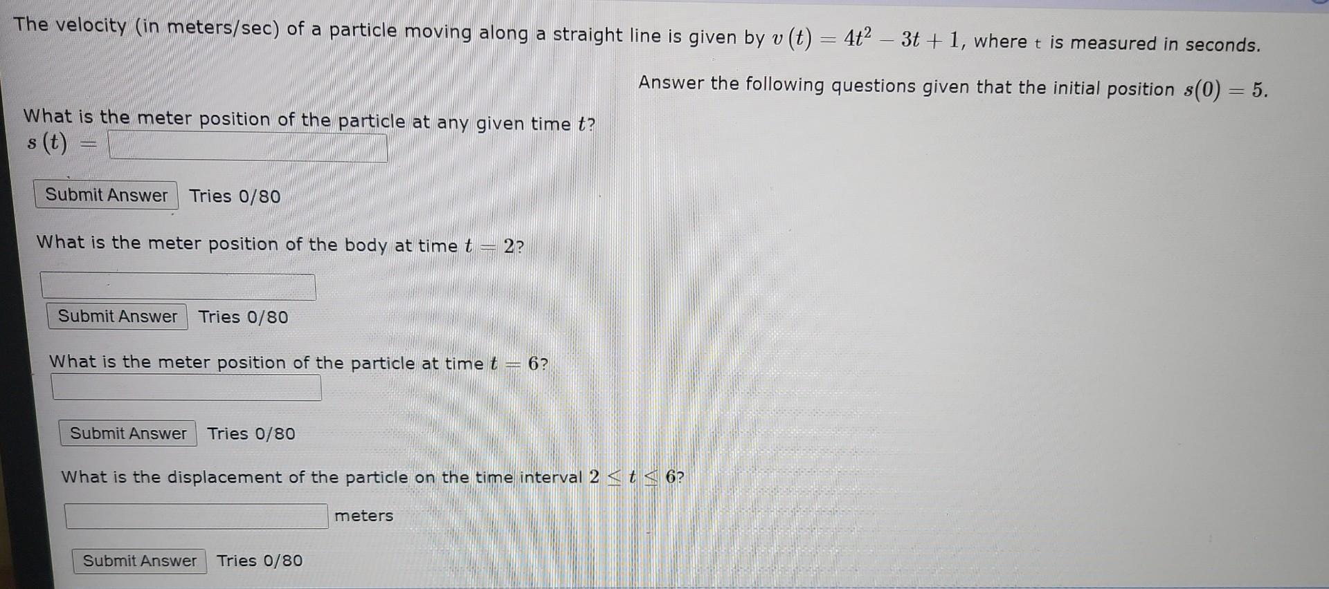 Solved The velocity (in meters/sec) of a particle moving | Chegg.com