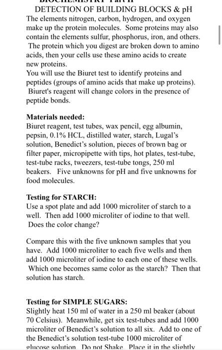 Solved DETECTION OF BUILDING BLOCKS \& pH The elements | Chegg.com