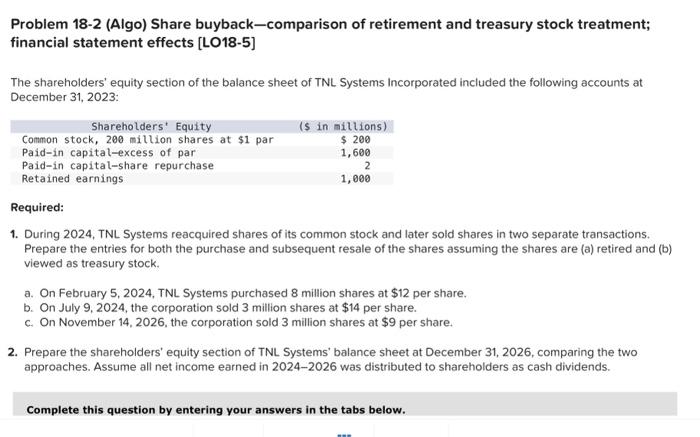 Solved Problem 18-2 (Algo) Share buyback-comparison of | Chegg.com