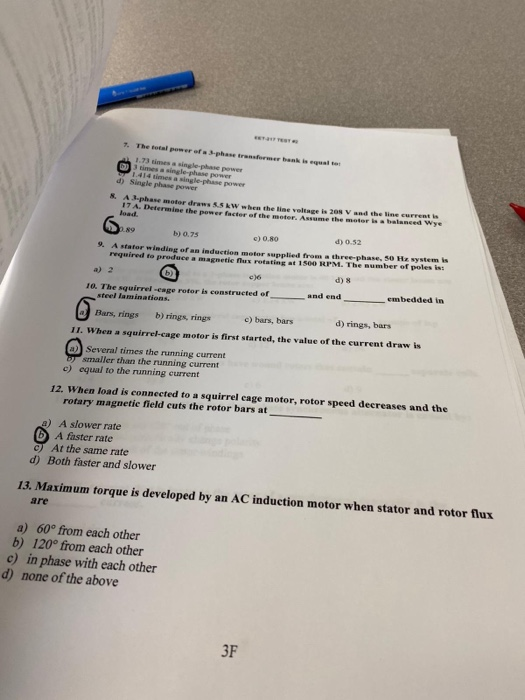 Solved EET-217 TEST 2 26. A 3-phase 10 pole, 4,000 V, 60 Hz, | Chegg.com