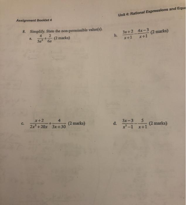 Solved Unit 4: Rational Expressions and Equa Assignment | Chegg.com