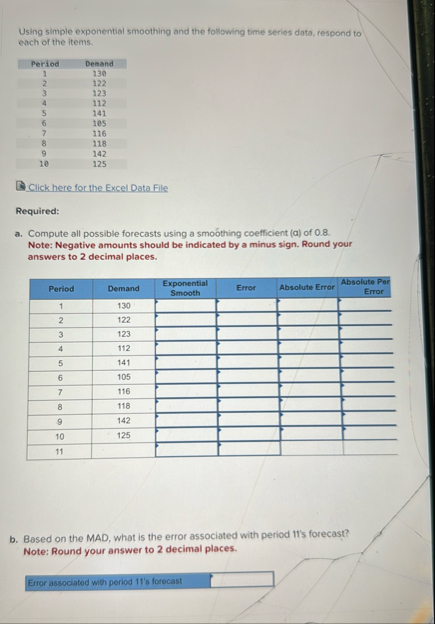 Solved Using simple exponential smoothing and the following | Chegg.com