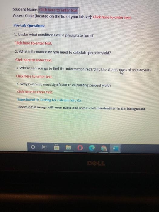 Solved Student Name: Click here to enter text Access Code | Chegg.com