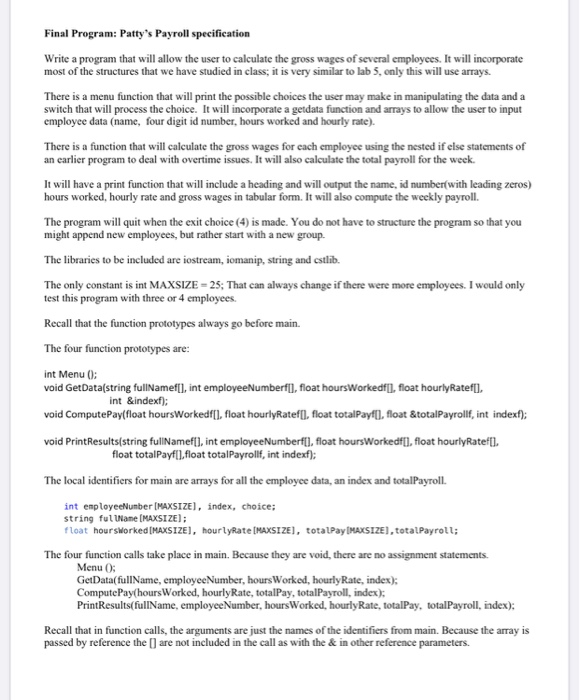 Solved Final Program: Patty's Payroll specification Write a | Chegg.com