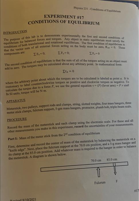 Solved Physics 231 - Conditions of Equilibrium EXPERIMENT | Chegg.com