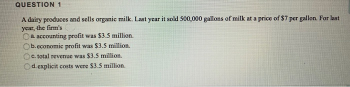Solved QUESTION 1 A dairy produces and sells organic milk. | Chegg.com