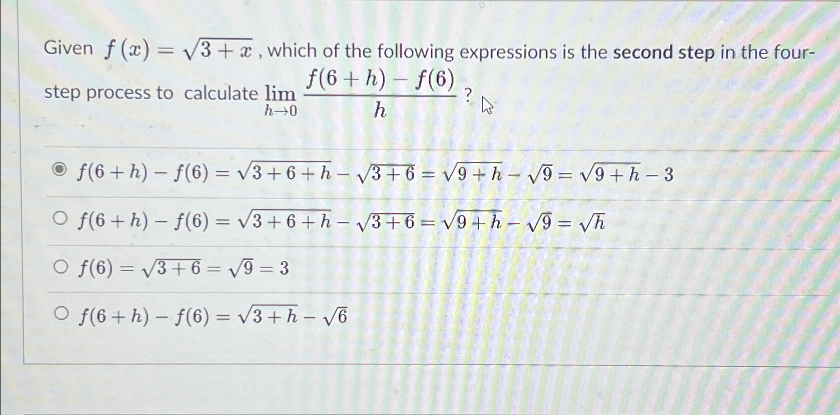 Solved Given f(x)=\\\\sqrt(3+x), which of the following | Chegg.com