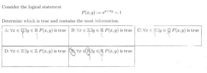 Consider the logical statement P(x,y) := ex+y = 1 | Chegg.com
