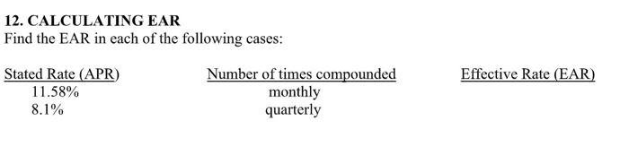 Solved 12. CALCULATING EAR Find the EAR in each of the | Chegg.com