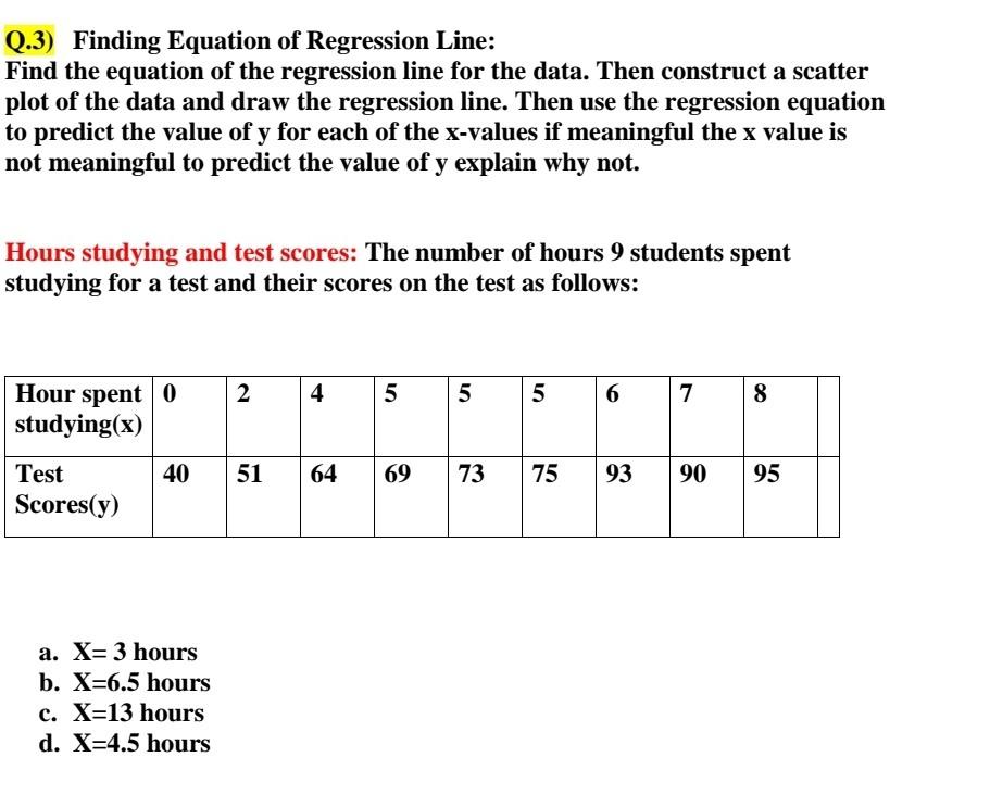 Solved Q.3) Finding Equation of Regression Line: Find the | Chegg.com