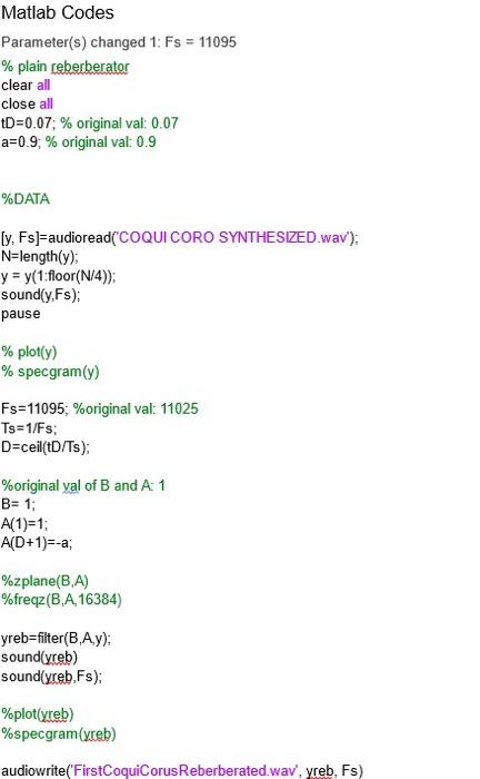 Solved Matlab Codes Parameter(s) changed 1:Fs=11095 % plain | Chegg.com