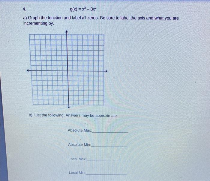Solved 4. g(x)=x3−3x2 a) Graph the function and label all | Chegg.com