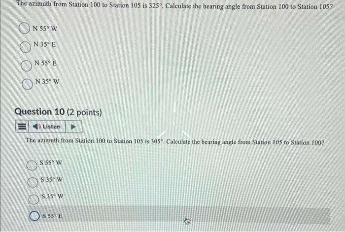 Solved The azimuth from Station 100 to Station 105 is 325∘. | Chegg.com
