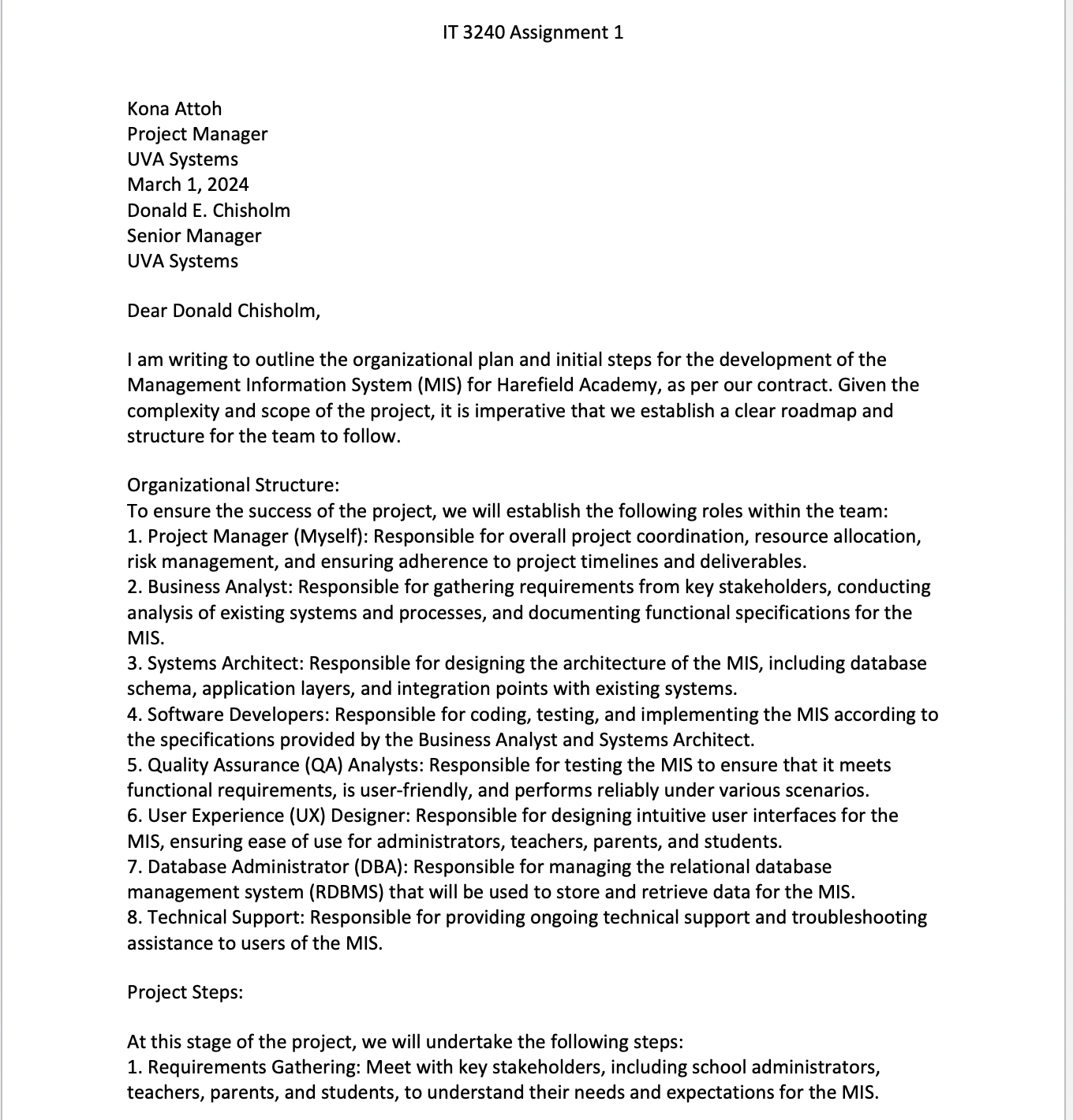 In Assignment 1, ﻿you sent me a letter describing how | Chegg.com