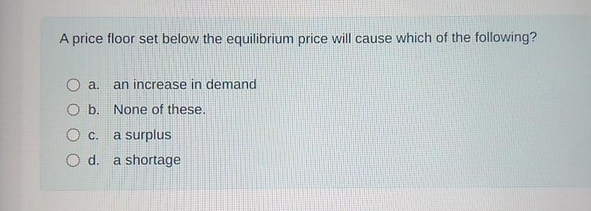 Solved A price floor set below the equilibrium price will | Chegg.com