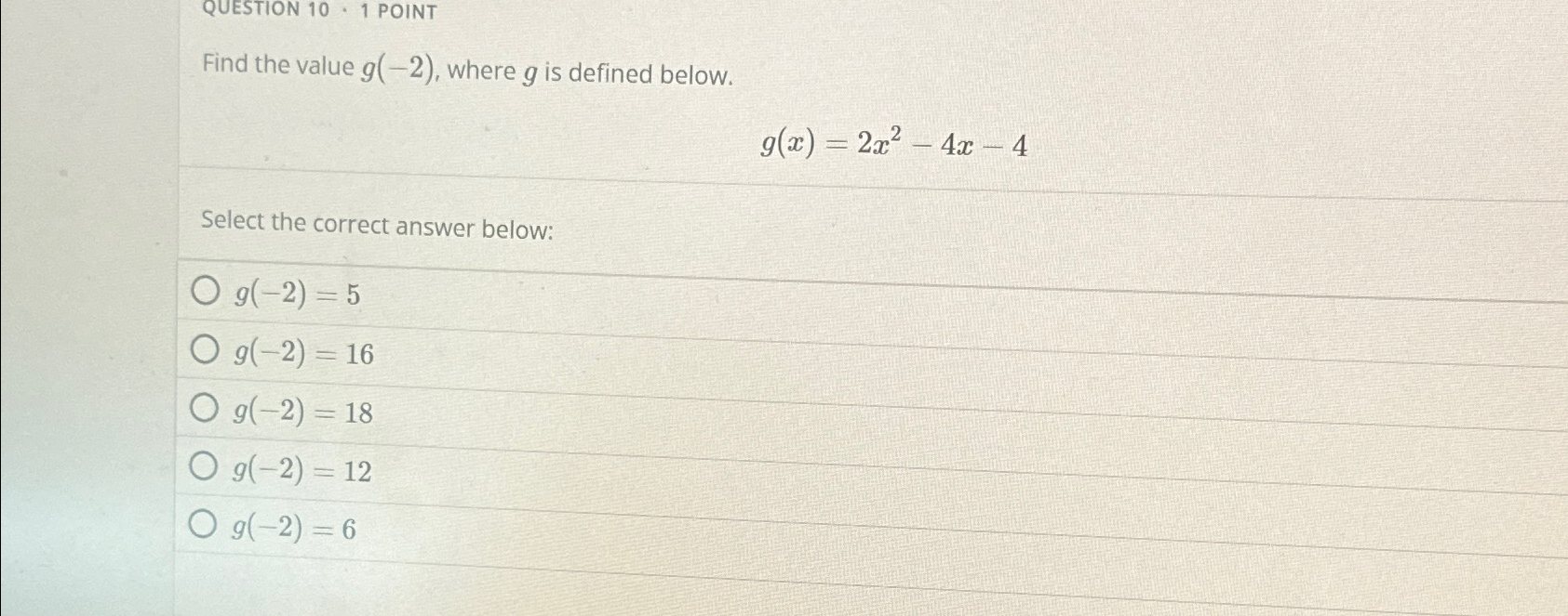 Solved QUESTION 10 - 1 ﻿POINTFind the value g(-2), ﻿where g | Chegg.com