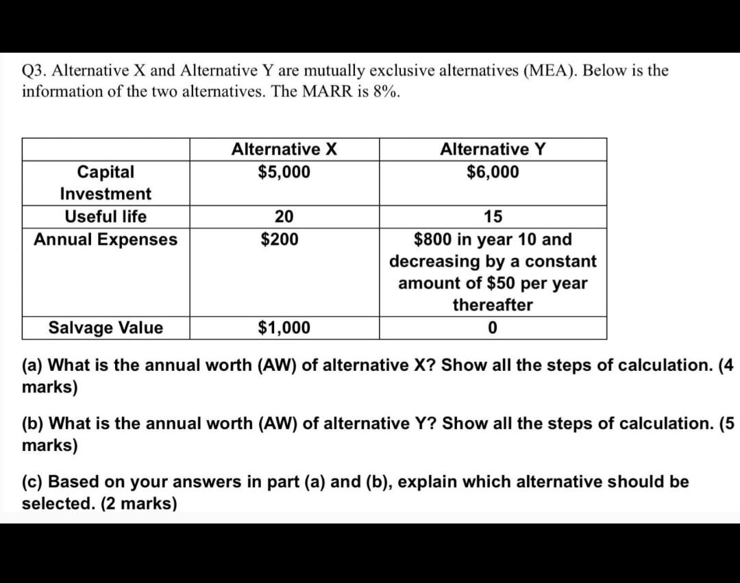 Solved Q3. Alternative X and Alternative Y are mutually | Chegg.com