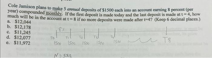 Solved Cole Jamison plans to make 5 annual deposits of $1500 | Chegg.com
