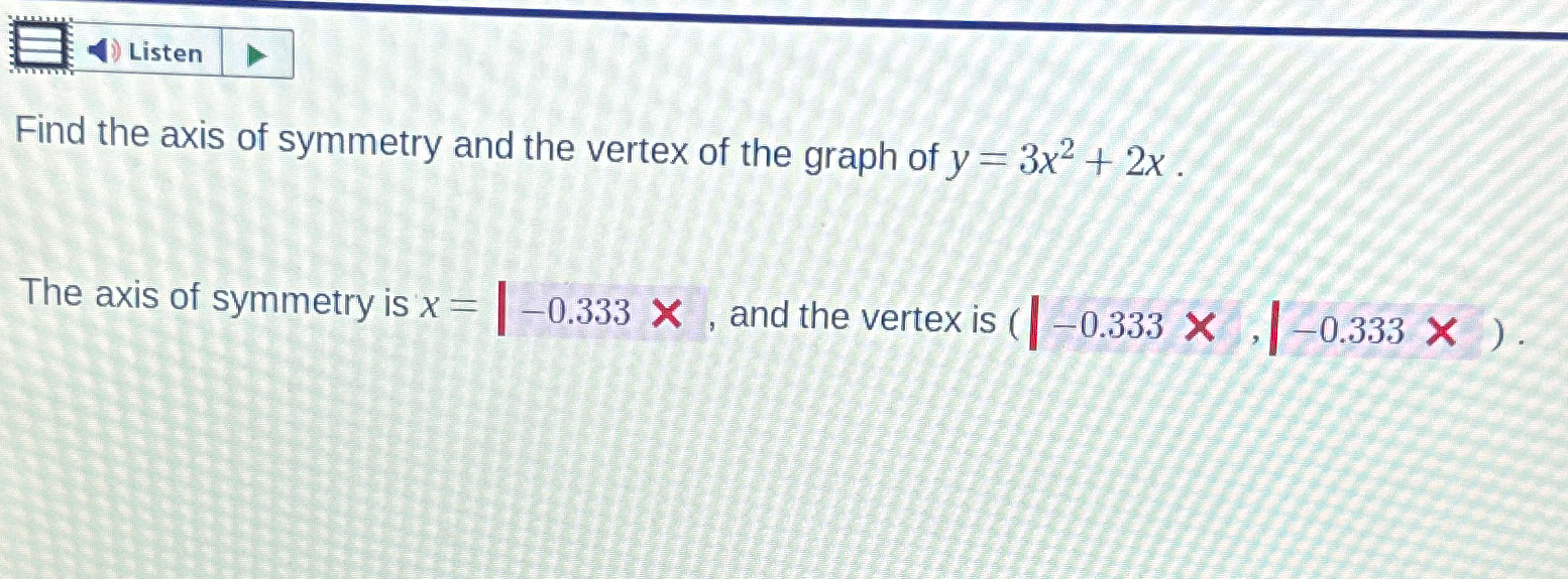 Solved ListenFind the axis of symmetry and the vertex of the | Chegg.com