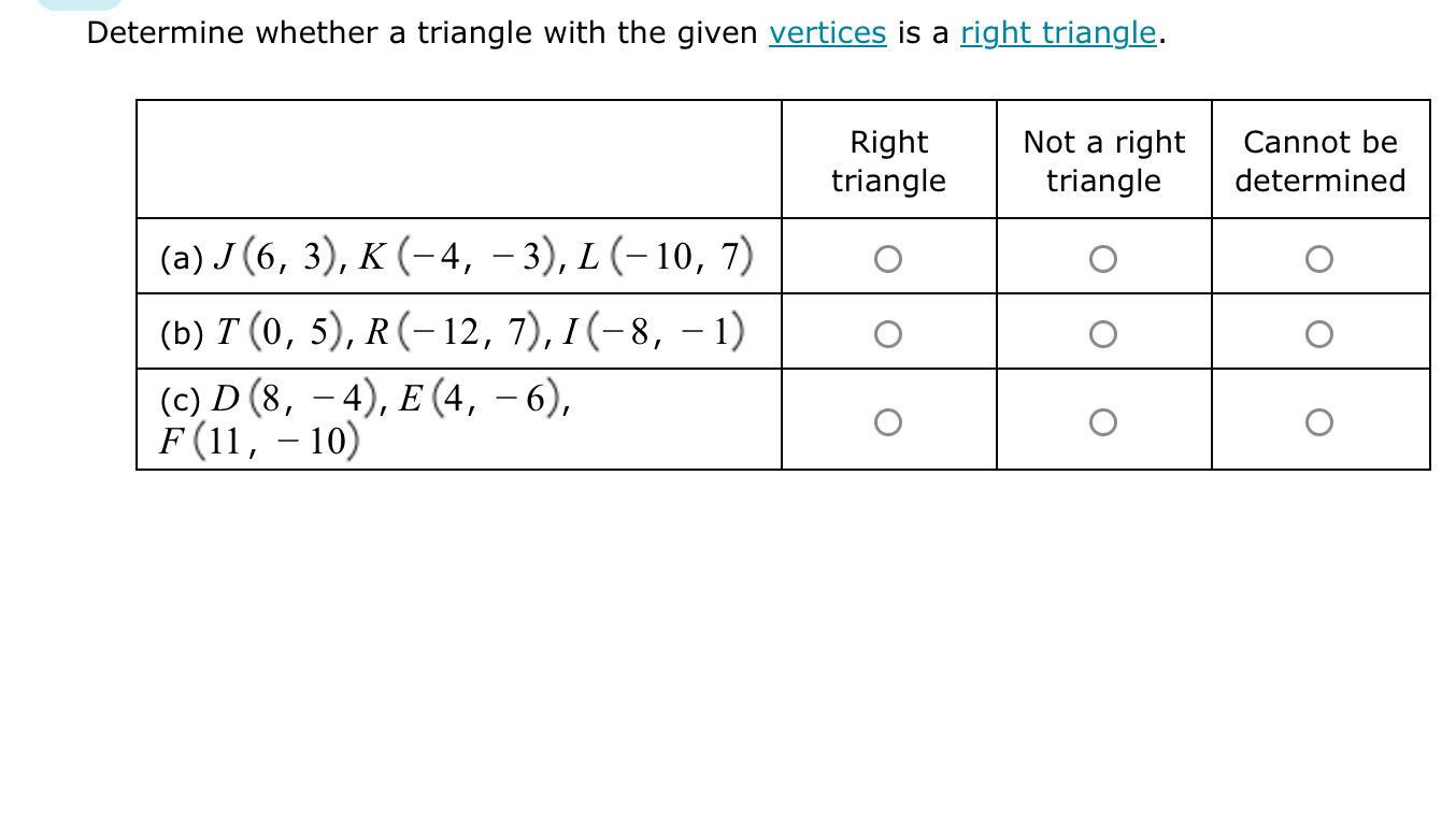 Solved Determine whether a triangle with the given vertices | Chegg.com