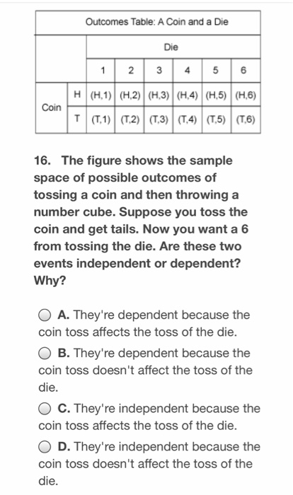 Solved Outcomes Table: A Coin and a Die Die 1 2 3 4 5 6 (H1) | Chegg.com