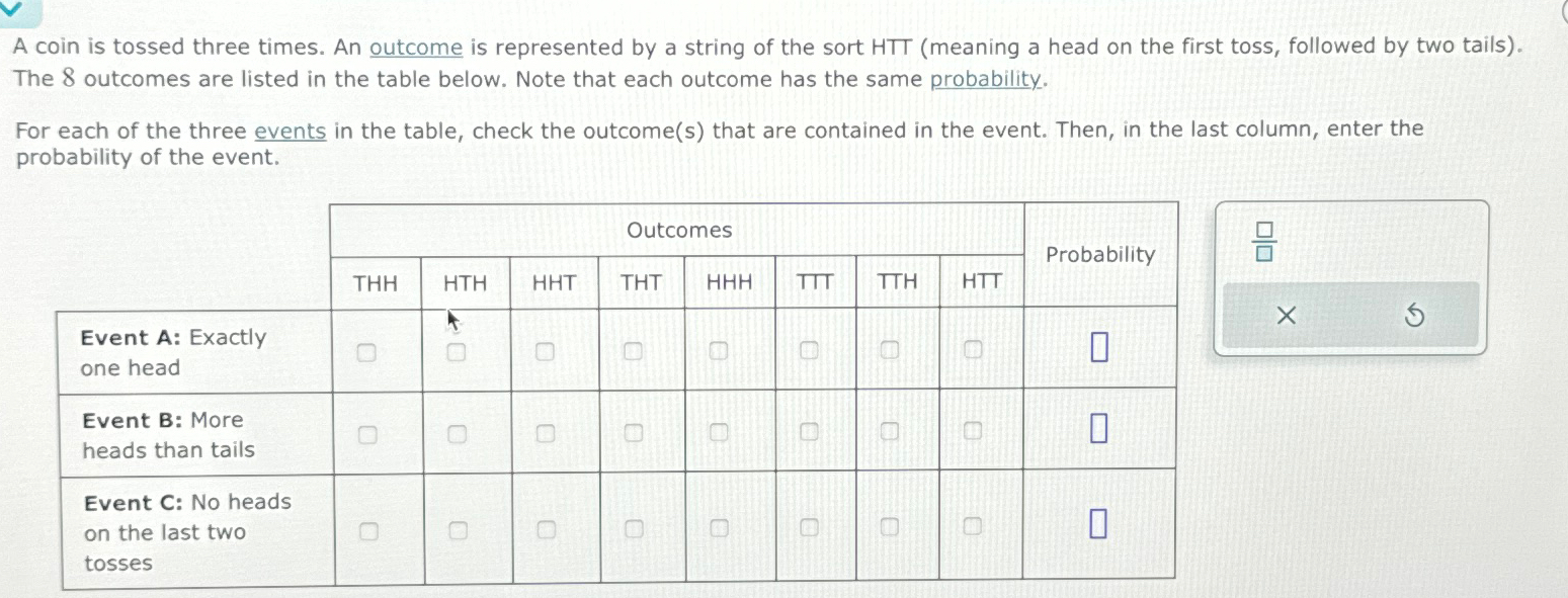 Solved A coin is tossed three times. An outcome is | Chegg.com