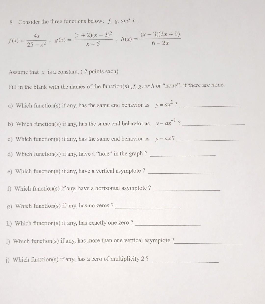 Solved 8. Consider the three functions below; f,g, and h. | Chegg.com