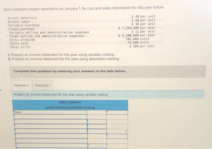 Solved Sims Company began operations on January 1. Its cost | Chegg.com