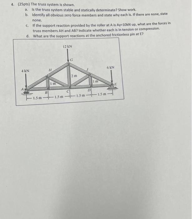 Solved 4. (25pts) The truss system is shown. a. Is the truss | Chegg.com