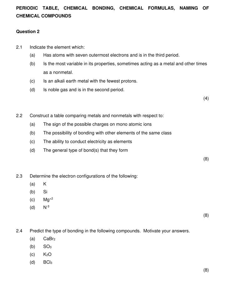 Solved PERIODIC TABLE, CHEMICAL BONDING, CHEMICAL FORMULAS, | Chegg.com