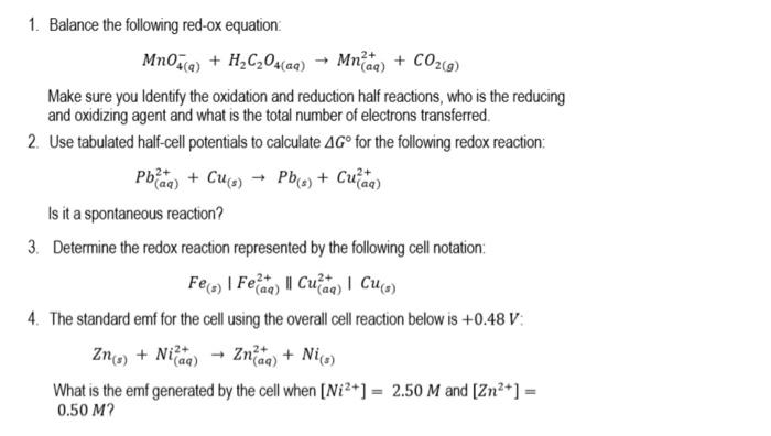 Solved 1. Balance the following red-ox equation: | Chegg.com