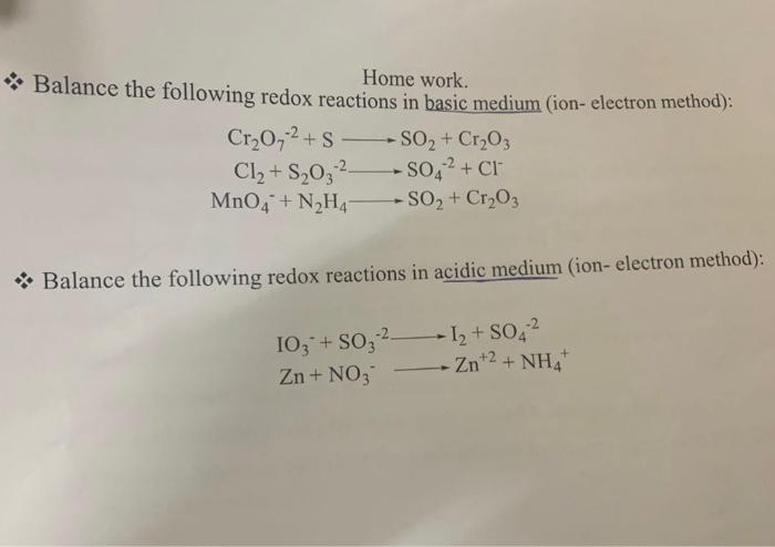 Solved Home work. Balance the following redox reactions in | Chegg.com