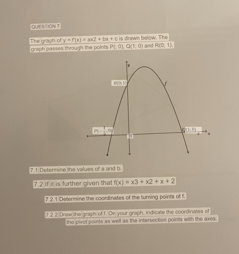 Solved QUESTION 7The graph of y=f'(x)=ax2+bx+c ﻿is drawn | Chegg.com