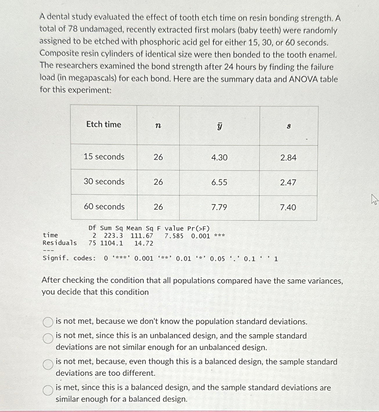 Solved A dental study evaluated the effect of tooth etch | Chegg.com