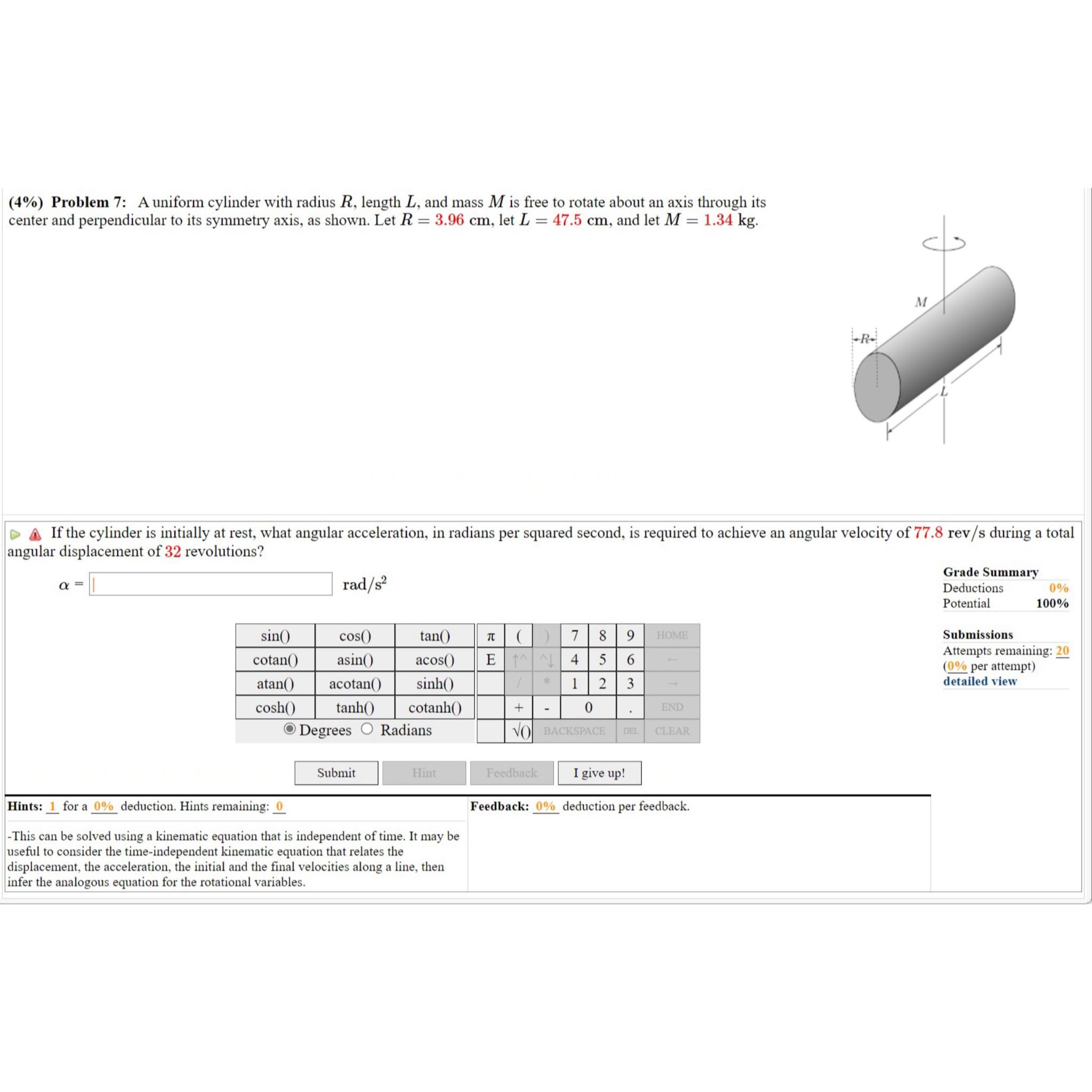 Solved (4%) ﻿Problem 7: A uniform cylinder with radius R, | Chegg.com