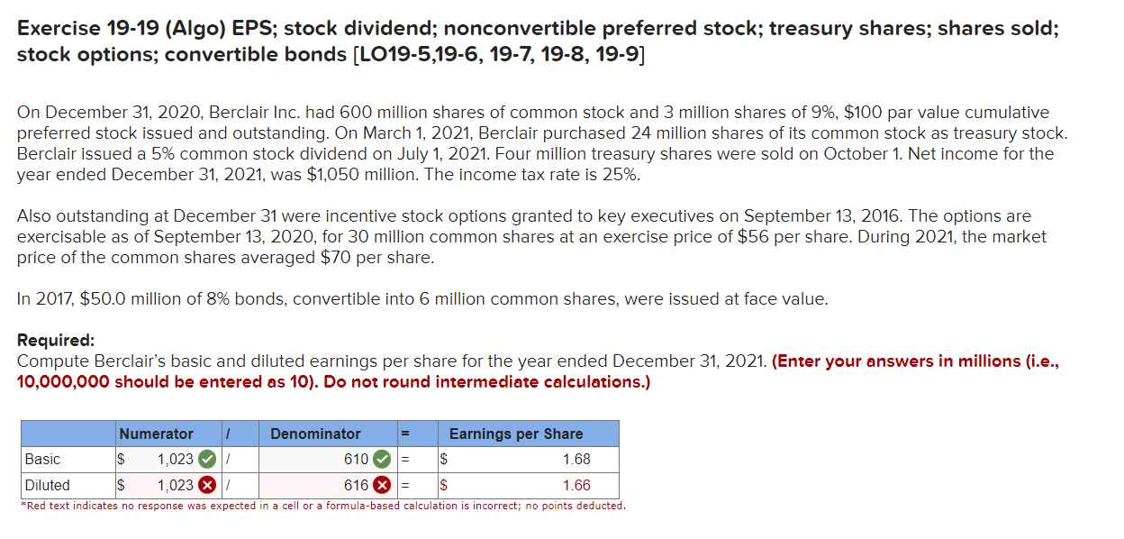 Solved Exercise 19-19 (Algo) ﻿EPS; stock dividend; | Chegg.com