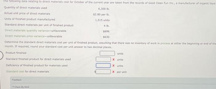 Determine the standard direct materials cost per unit | Chegg.com