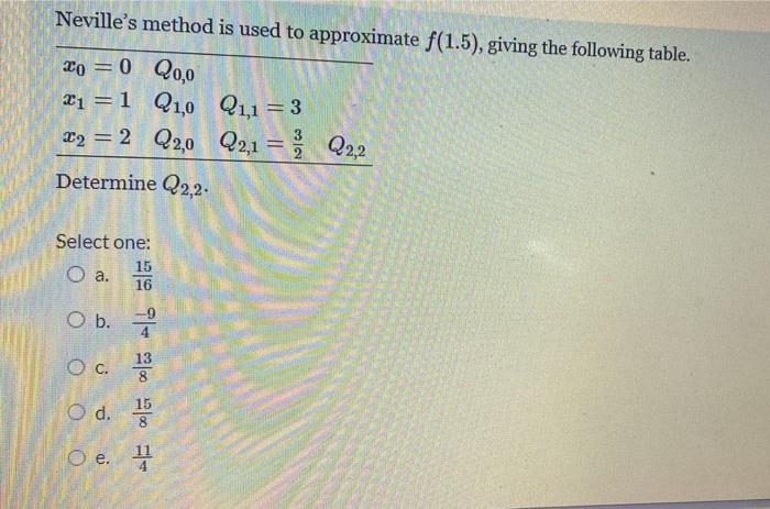 Solved Neville's method is used to approximate f(1.5), | Chegg.com