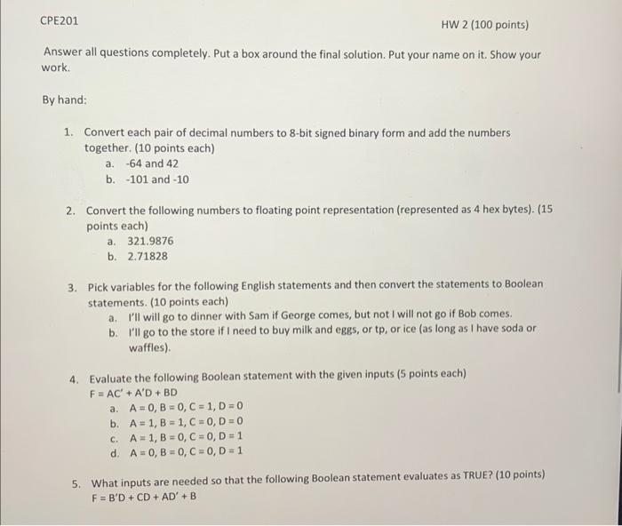 Answer All Questions Completely Put A Box Around The 