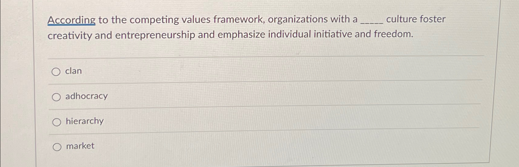 Solved According to the competing values framework, | Chegg.com